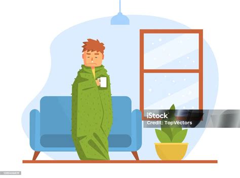 계절 감염으로 고통받는 아픈 소년 코를 달리는 남성은 감기 독감 만화 벡터 일러스트레이션을 가지고 따뜻한 격자 무늬에 싸여 추운 온도에 대한 스톡 벡터 아트 및 기타 이미지