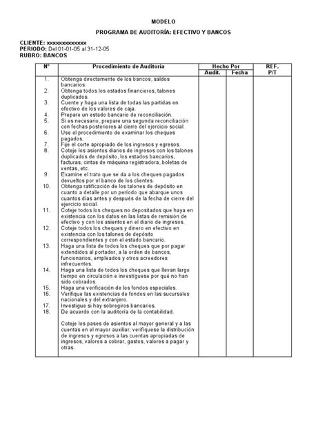 Modelo De Programa De Auditoría Bancos Pdf