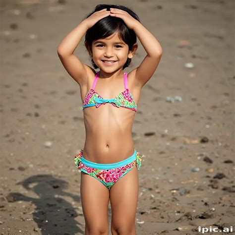 Joyful Young Girl In Colorful Bikini Enjoying A Sunny Beach Day