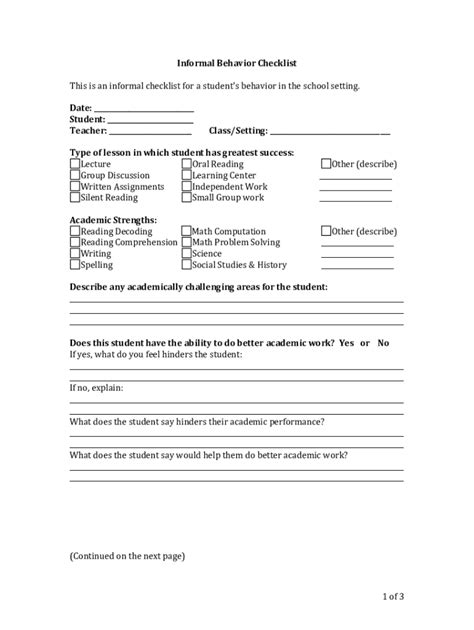 Fillable Online Informal Behavior Checklist Fax Email Print Pdffiller