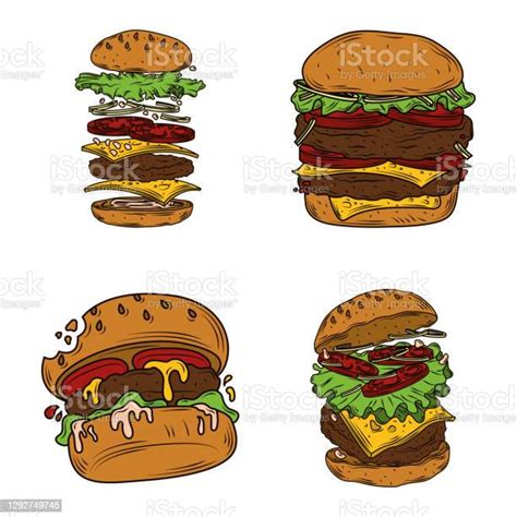 버거 패스트 푸드 아이콘 세트 물린 햄버거 더블 햄버거와 햄버거 층 건강에 좋지 않은 음식에 대한 스톡 벡터 아트 및 기타 이미지 건강에 좋지 않은 음식 고기 굽기