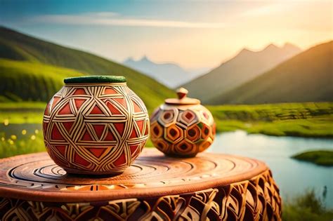Premium Ai Image A Pair Of Pots With The Sun Setting Behind Them
