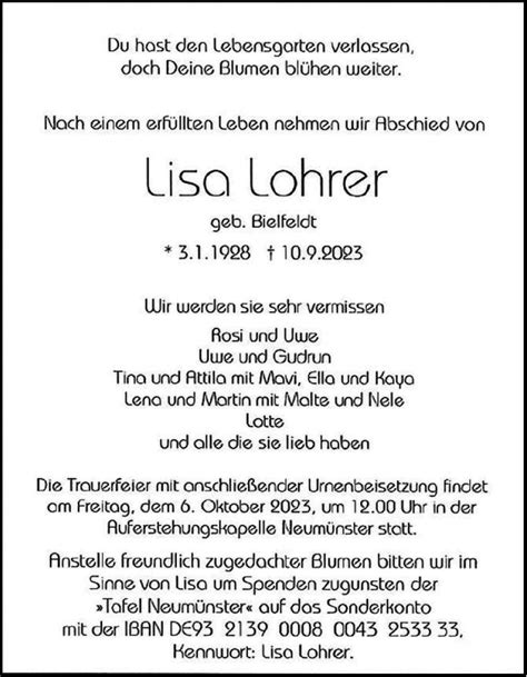 Traueranzeigen Von Lisa Lohrer Sh Z Trauer