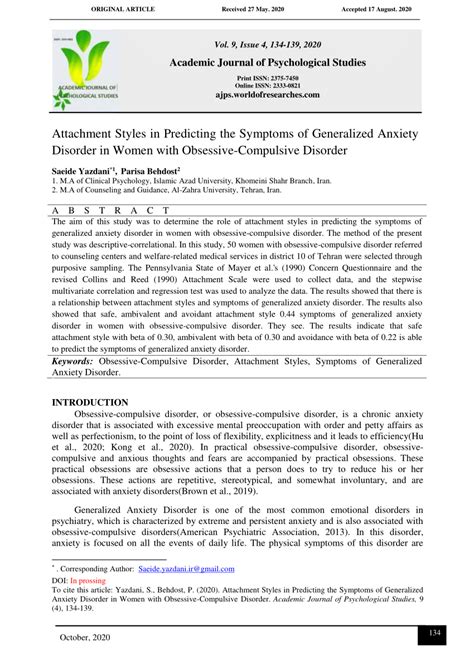 Pdf Attachment Styles In Predicting The Symptoms Of Generalized Anxiety Disorder In Women With