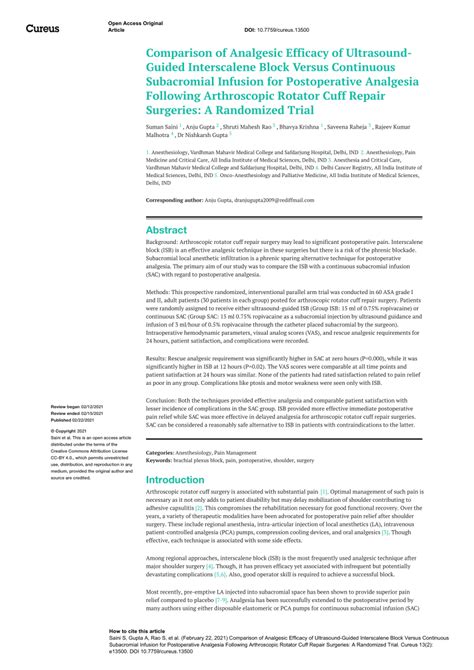 Pdf Comparison Of Analgesic Efficacy Of Ultrasound Guided Interscalene Block Versus Continuous