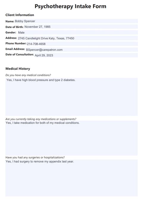 Psychotherapy Intake Form Template And Example Free Pdf Download