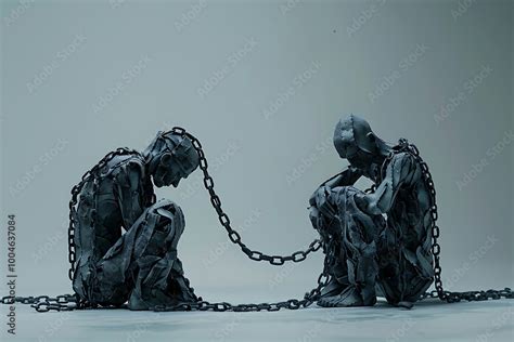 Two Chained Figures One Kneeling And One Sitting Convey Themes Of