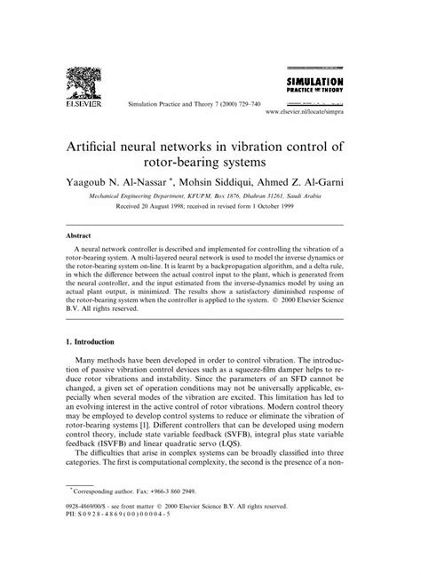 pdf artificial neural networks in vibration control of rotor bearing
