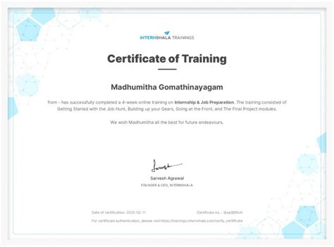 Completed Training And “certified In Internship And Job Preparation