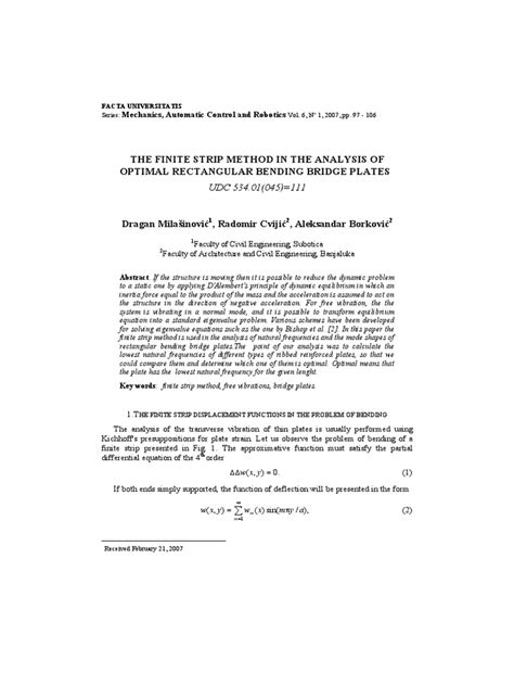 The Finite Strip Method In The Analysis Of Optimal Rectangular Bending Bridge Plates Pdf Pdf