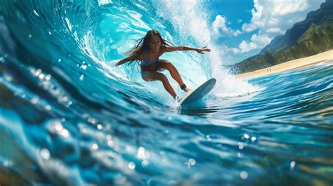 Premium Photo A Surfer Girl Rides Big Wave With Confidence Wallpaper