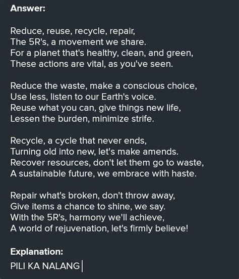 In A Short Coupon Bond Make A Slogan On The Importance Of 5rs Reduce Reuse Recycle Recover