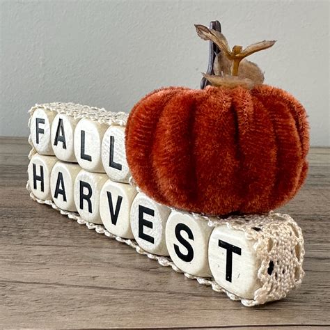 Vintage “fall Harvest” Boggle Letter Dice Cubes With Lace Trim And Velvet Pumpkin Fall And
