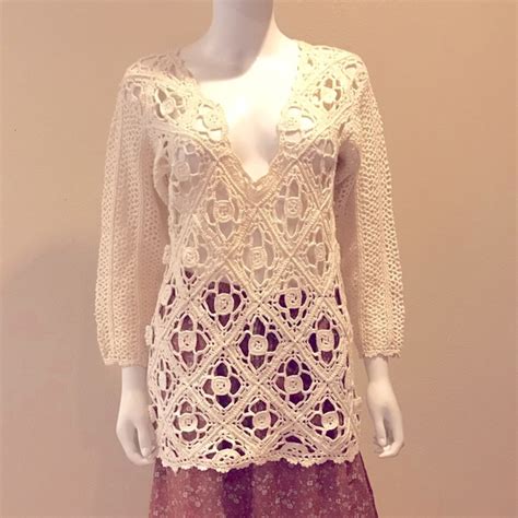 One Step Ahead Tops Vintage Boho Chic Crochet Knit V Neck Sweater