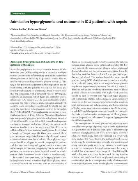 Pdf Admission Hyperglycemia And Outcome In Icu Patients With Sepsis