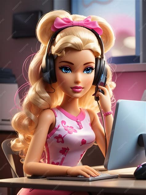 Premium Ai Image A Cartoon Of A Barbie Sitting At A Computer With A