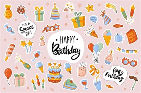 Premium Vector | Happy birthday cute stickers template scrapbooking ...