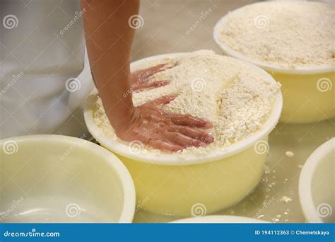 Worker Pressing Curd Into Mould At Cheese Factory Stock Image Image Of Food Mould 194112363