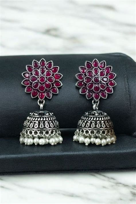 Perfect Pearl Drop Bollywood Jhumka Set Boho Silver Plated Stonework