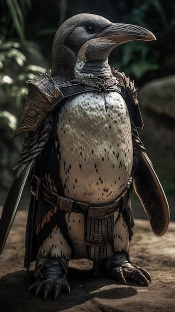 Premium Ai Image Penguin With Armor And Weapons Fantasy Concept