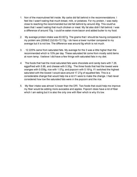 Macronutrient Analysis Assignment Non Of The Macrnutirest Fell Inside My Carbs Did Fall