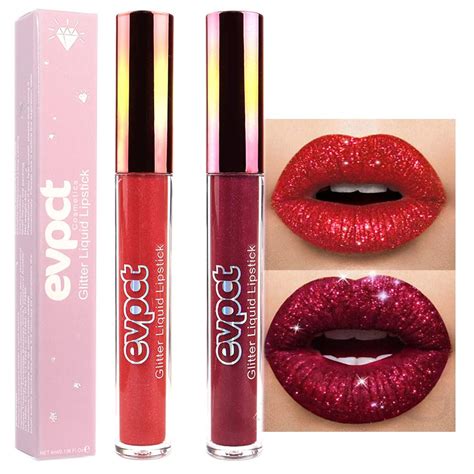 Evpct 2pcs Red Glitter Metallic Shimmer Diamond Lipstick