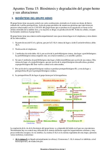 Apuntes Tema 15 Biosintesis Y Degradacion Del Grupo Hemo Y Sus