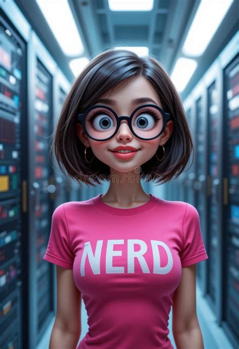 Cute Cartoon Nerd Girl With Short Hair Wearing Pink Shirt And Glasses