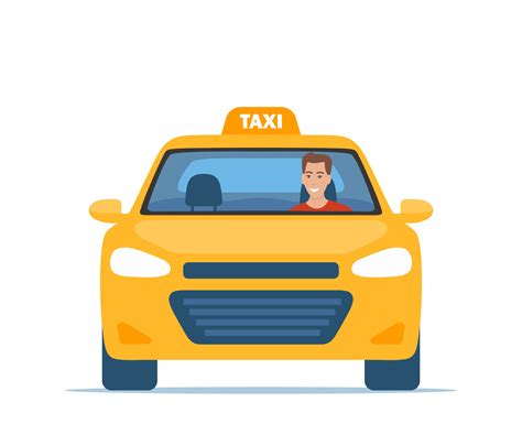 Yellow Taxi Car Front View Taxi With Smiling Man Driver Vector Illustration In Flat Style
