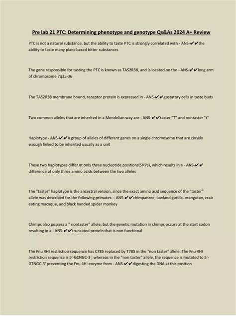 Pre Lab 21 Ptc Determining Phenotype And Genotype Qsandas 2024 A Review