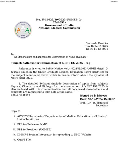 Syllabus For Examination Of Neet Ug 2025 Released Important Neet