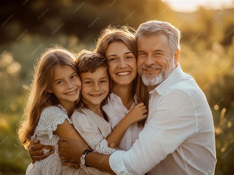 Família Feliz Mãe Pai Filho E Filha Abraçados No Parque Imagem