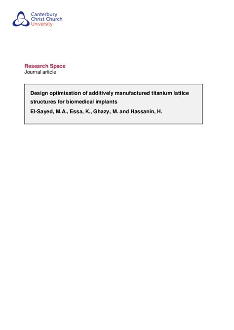 Pdf Design Optimization Of Additively Manufactured Titanium Lattice Structures For Biomedical