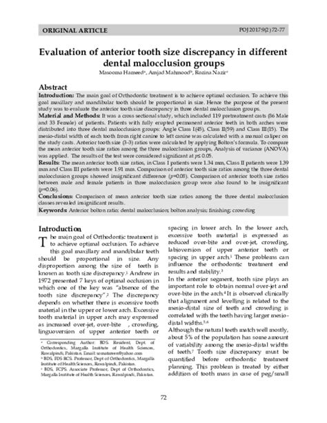 Pdf Evaluation Of Anterior Tooth Size Discrepancy In Different Dental Malocclusion Groups