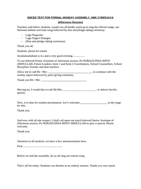 Emcee Script For Smk Cyberjaya Assembly Pdf