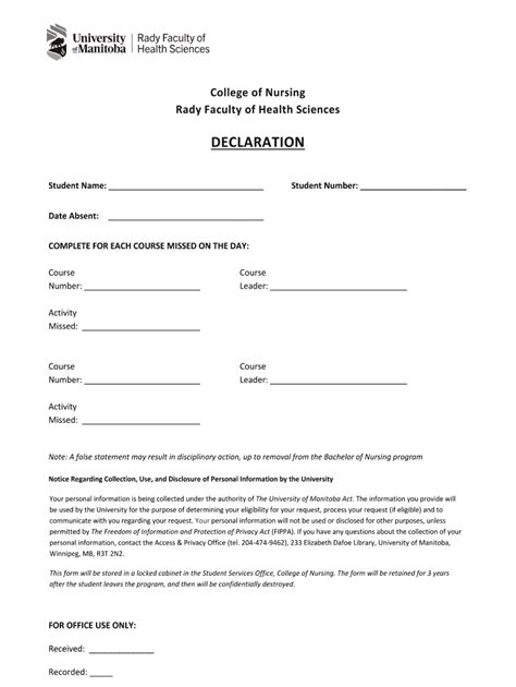 Canada University Of Manitoba College Of Nursing Declaration Form