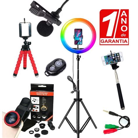 Kit Youtuber Ring Light Colorida Rgb 26cm Bastão Selfie Lente Peixe Microfone De Lapela
