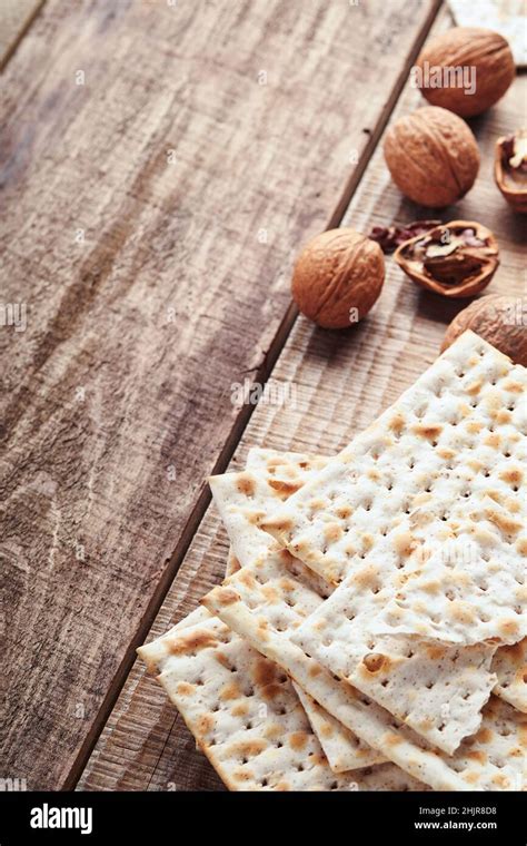 Matzah And Walnut Traditional Ritual Jewish Bread On Old Wooden Rustic