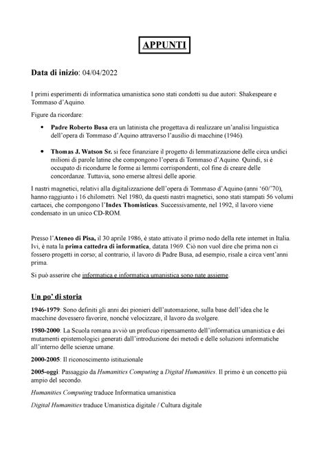 appunti di informatica umanistica appunti data di inizio 04 04 i