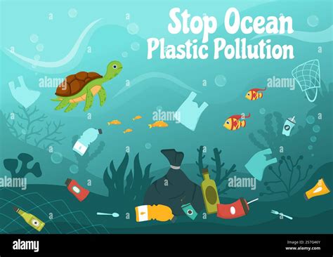 Stop Ocean Plastic Pollution Vector Illustration With Trash Under The