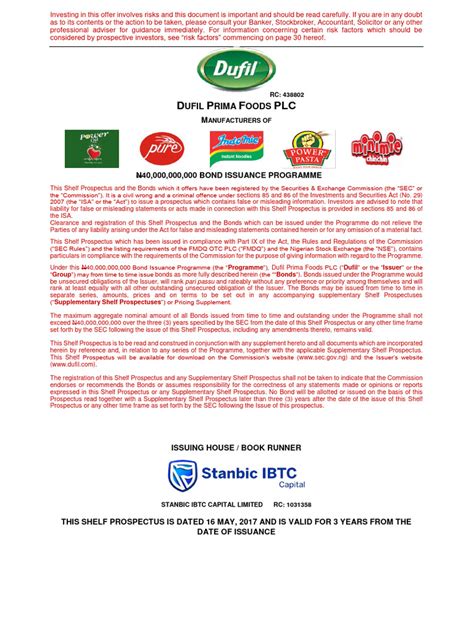 Dufil Prima Foods Plc Shelf Prospectus Vexecuted Pdf Bonds Finance