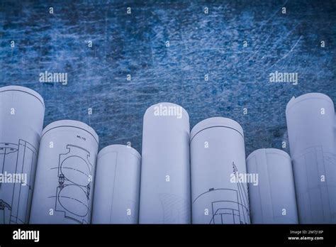 Scratched Shiny Metallic Background With Composition Of Blueprints Construction Concept Stock