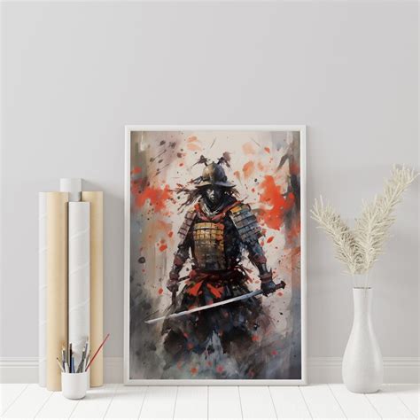 Enigmatic Samurai Aura Vintage Japanese Watercolor Print Poster