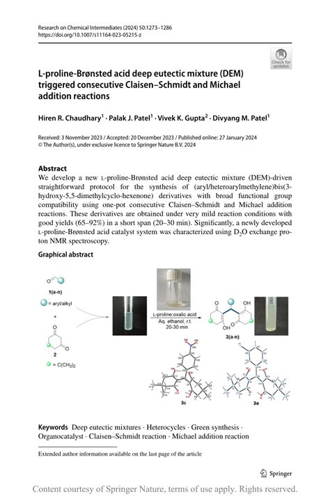 L Proline Brønsted Acid Deep Eutectic Mixture Dem Triggered Consecutive Claisen Schmidt And