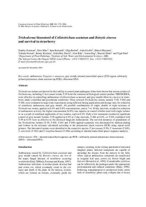 Pdf Trichoderma Biocontrol Of Colletotrichum Acutatum And Botrytis