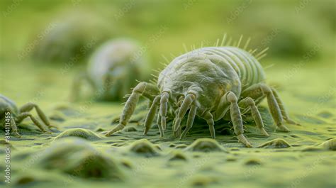 Dust Mite As Seen Through A Microscope High Magnification On A Contrasted Light Green