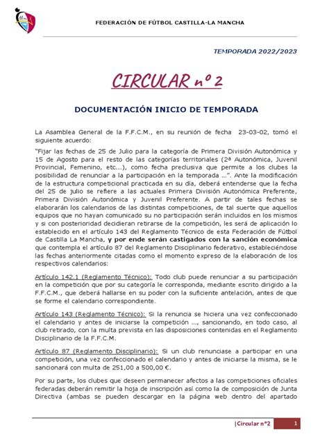 Circular N 2 Ffcm Pdf La Liga Asociación De Futbol