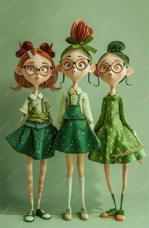 Premium Photo Cute And Funny Cartoon Girls With Glasses In Green