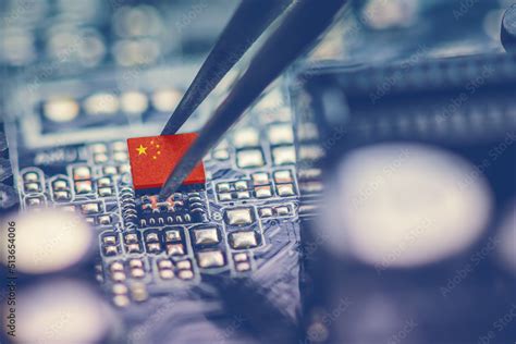 flag of china on a processor cpu central processing unit or gpu