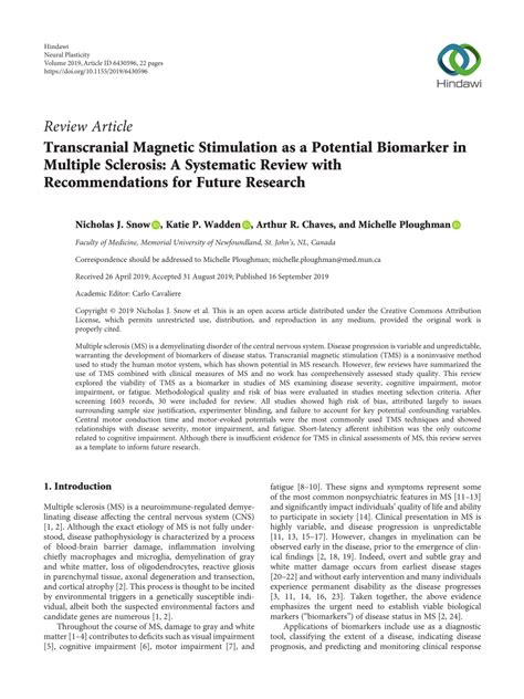 Pdf Transcranial Magnetic Stimulation As A Potential Biomarker In Multiple Sclerosis A